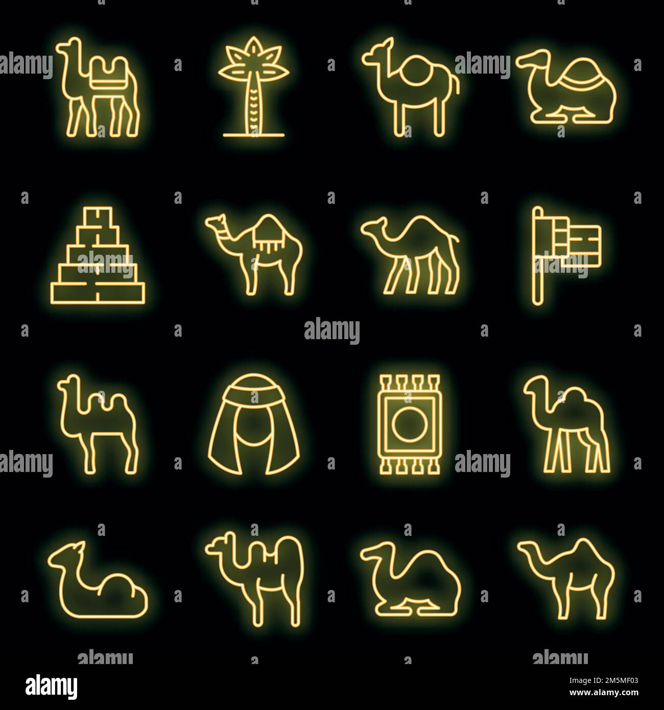 Camel icons set. Outline set of camel vector icons neon color on black ...