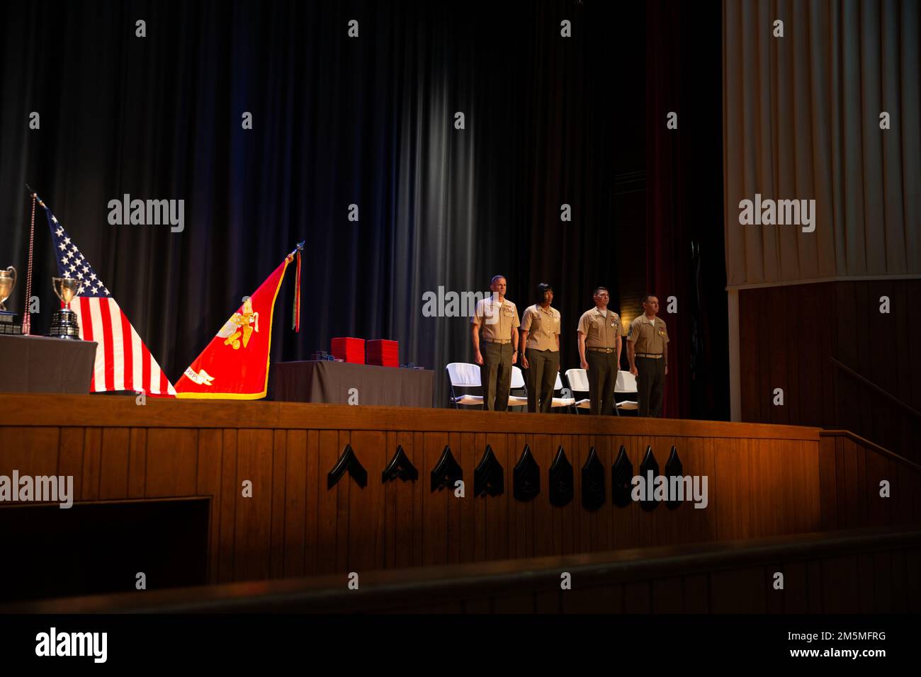 U.S. Marines stand at attention while the National Anthem plays during ...