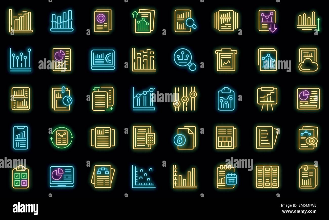 Business report icons set. Outline set of business report vector icons neon color on black Stock ...