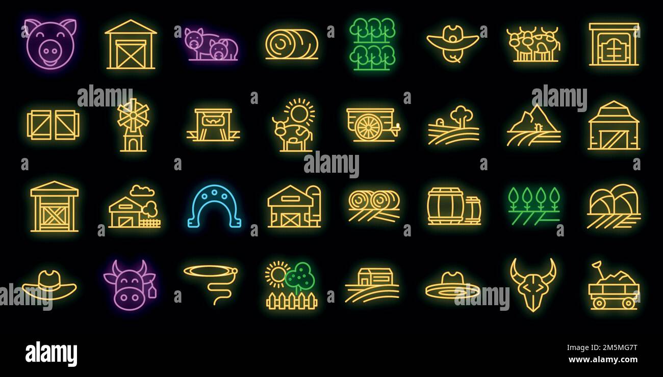 Ranch icons set. Outline set of ranch vector icons neon color on black ...