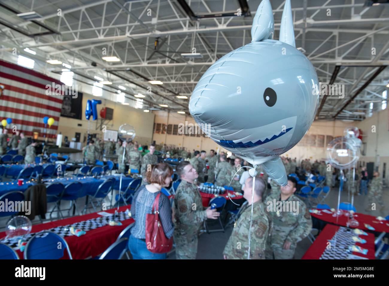 A shark balloon representing the 75th Fighter Squadron Tiger Sharks ...