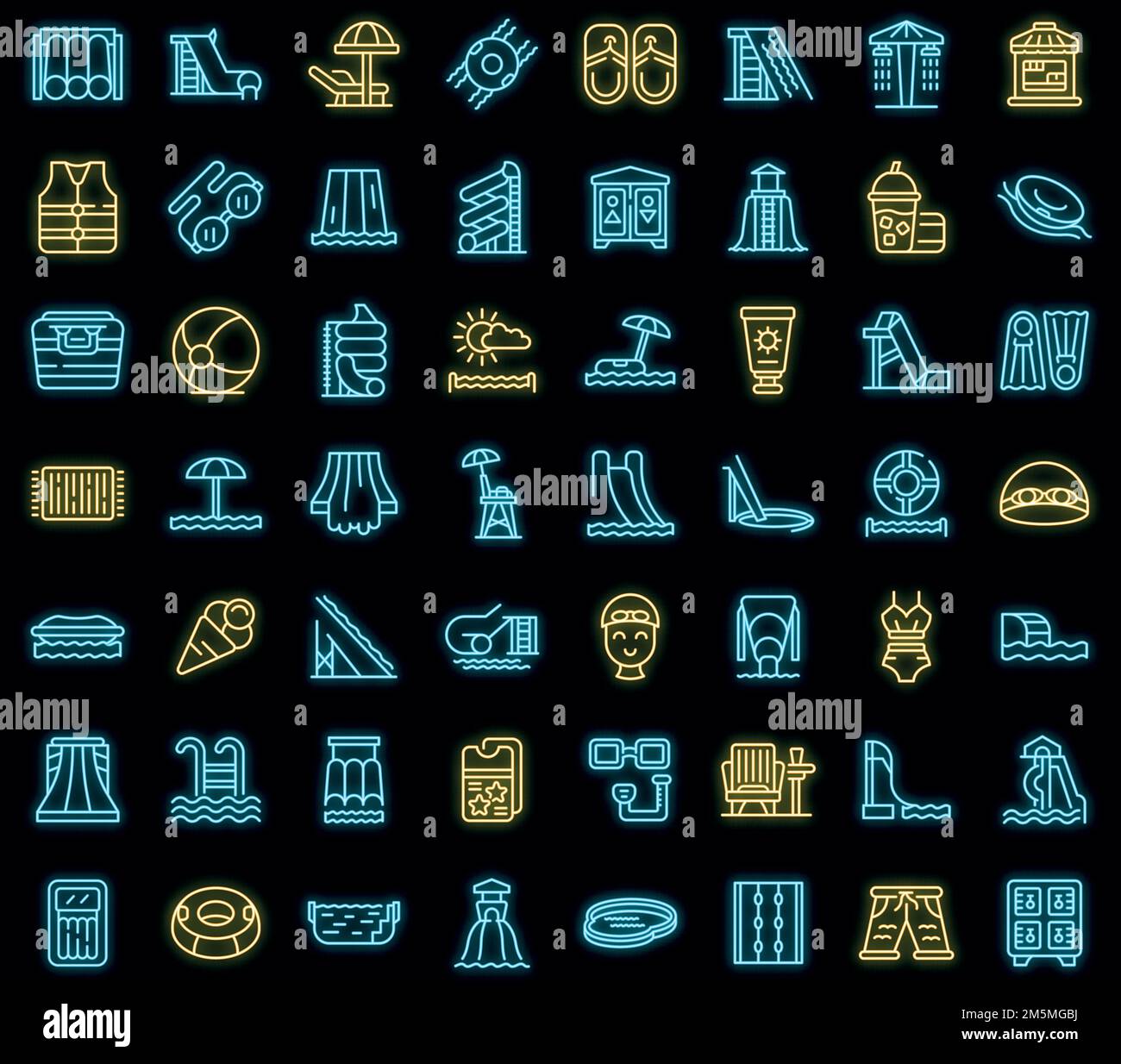 Water park icons set. Outline set of water park vector icons neon color ...