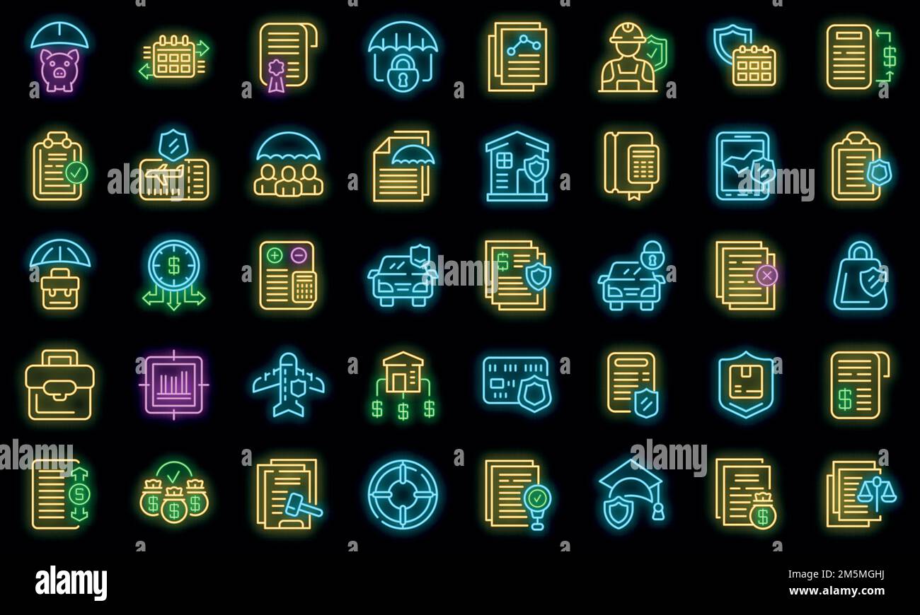 Liability icons set. Outline set of liability vector icons neon color ...