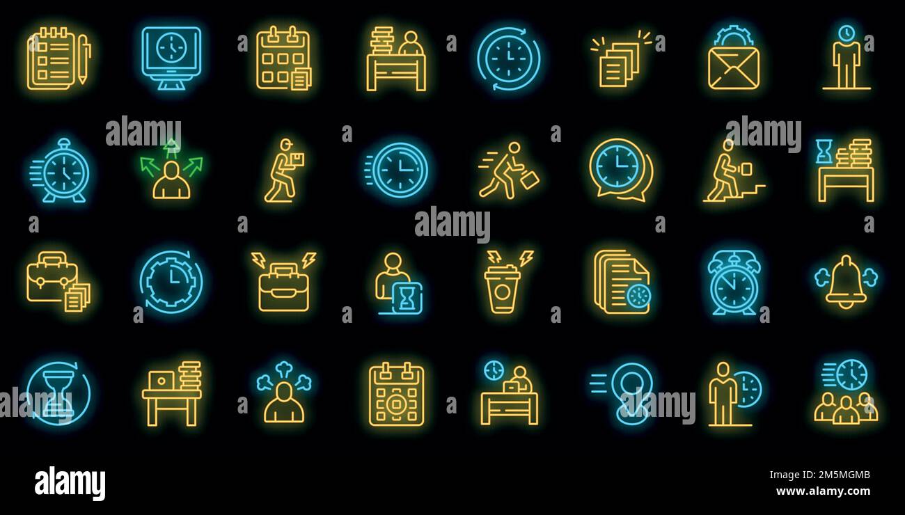 Rush job icons set. Outline set of rush job vector icons neon color on ...