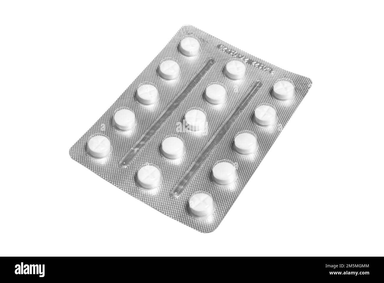 Macro shot pile of tablets pill in silver blister packaging isolated on ...