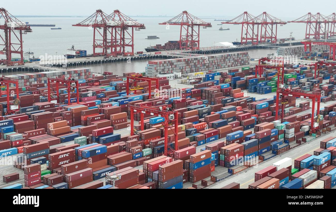Aerial photo shows the busy container terminal of Taicang Port in ...