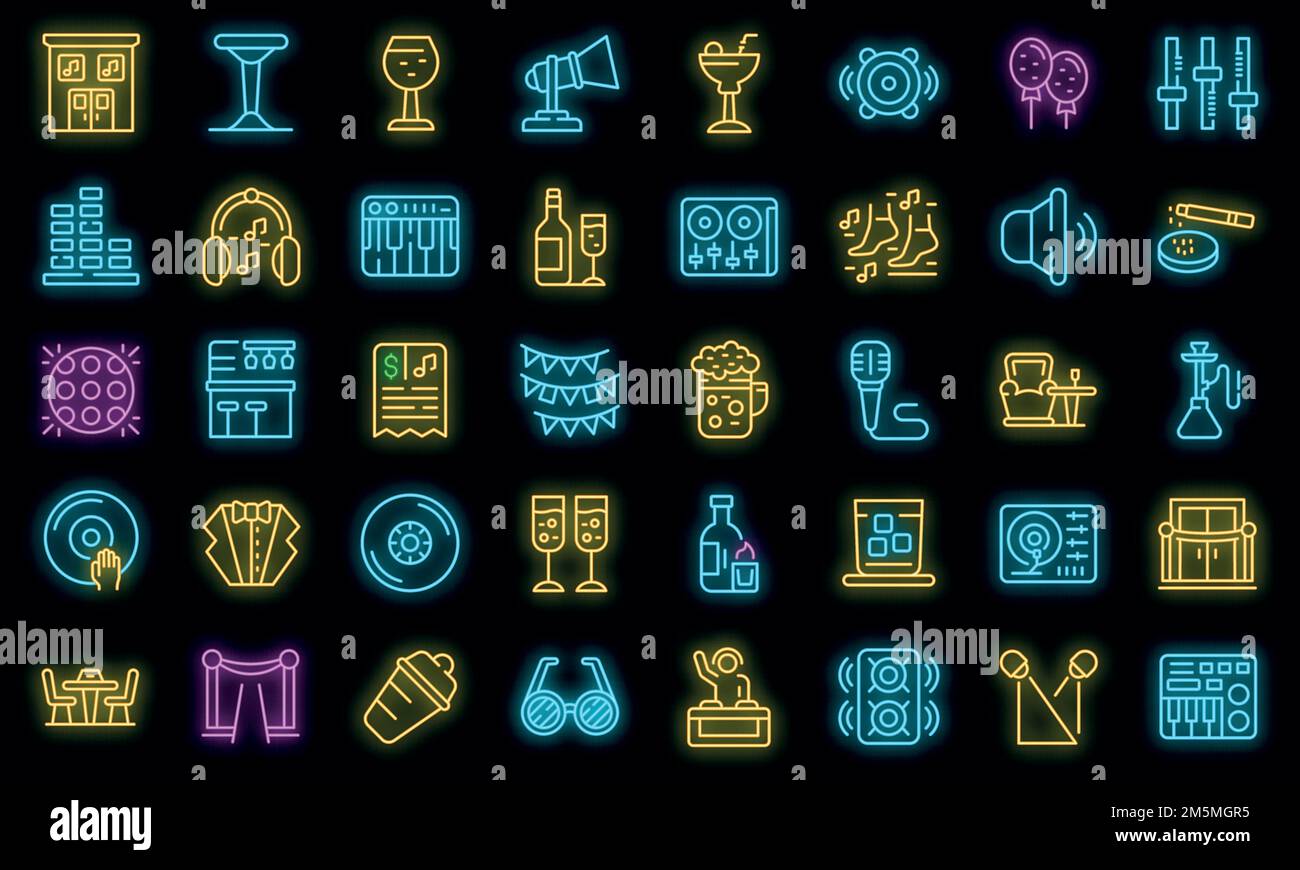 Night club icons set. Outline set of night club vector icons neon color ...
