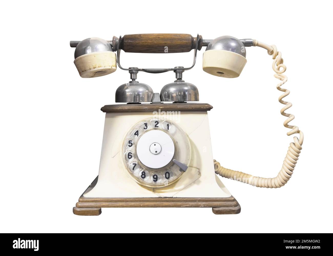 Antique telephone with metallic handset isolated on white background ...