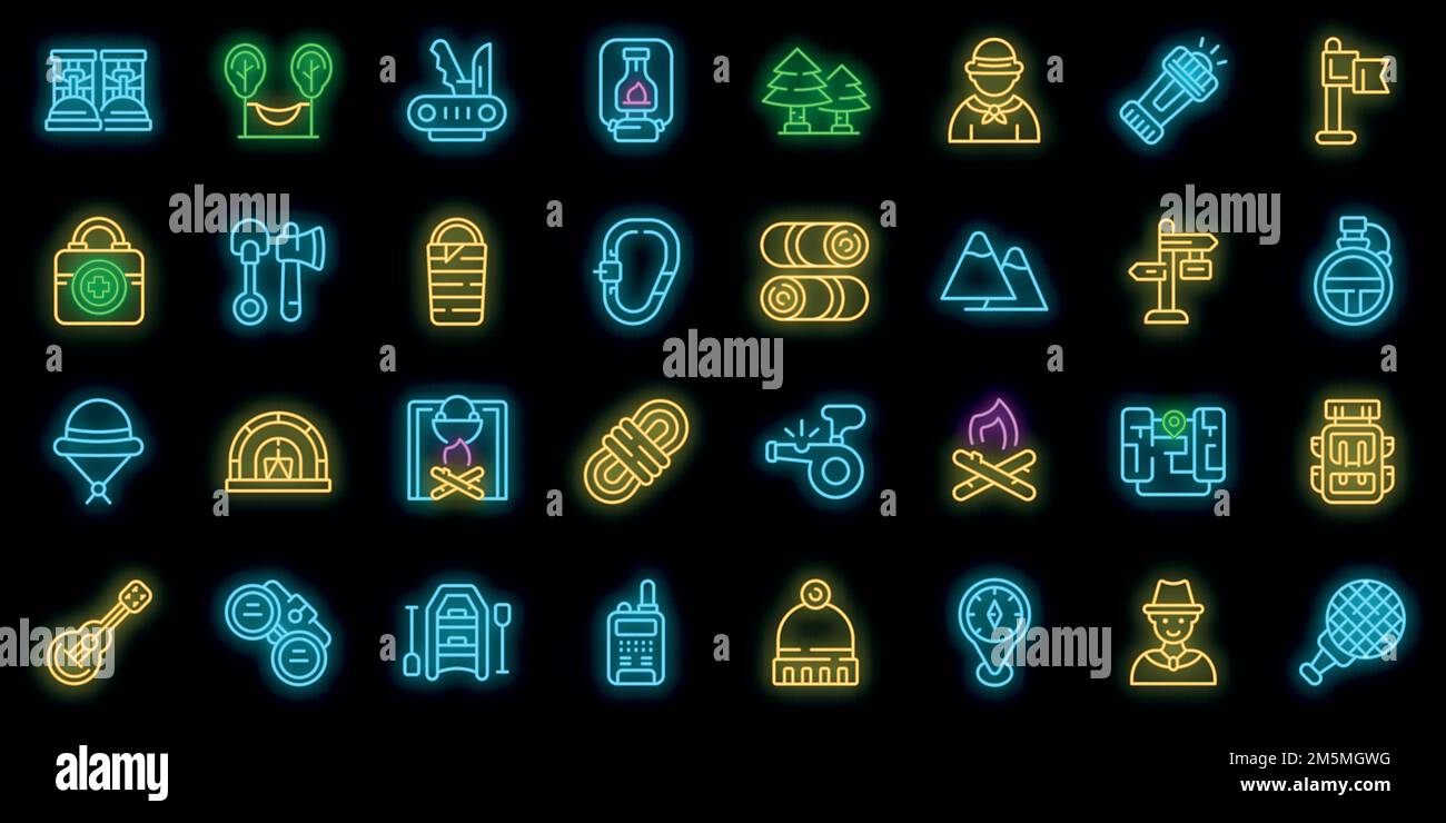 Scouting Icons Set Outline Set Of Scouting Vector Icons Neon Color On Black Stock Vector Image