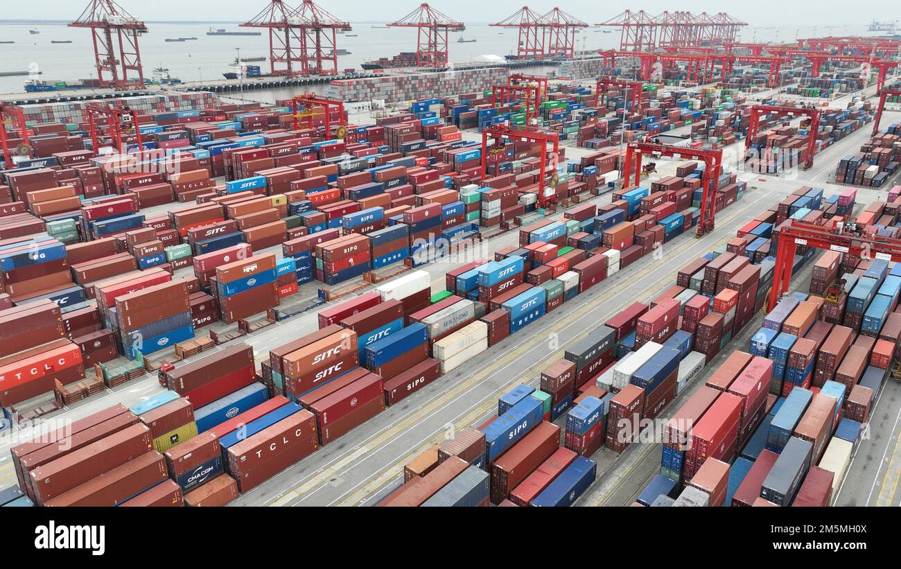Aerial photo shows the busy container terminal of Taicang Port in ...