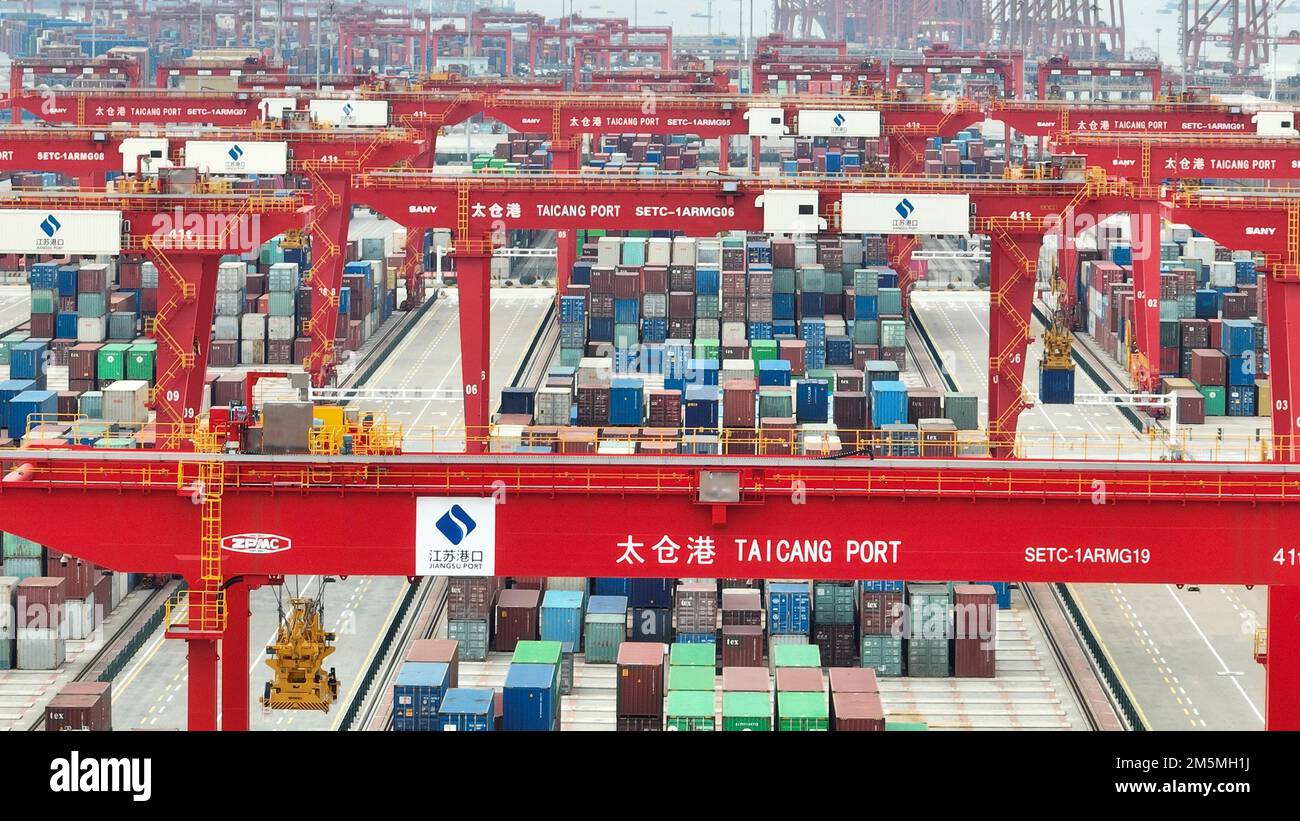 Aerial photo shows the busy container terminal of Taicang Port in ...