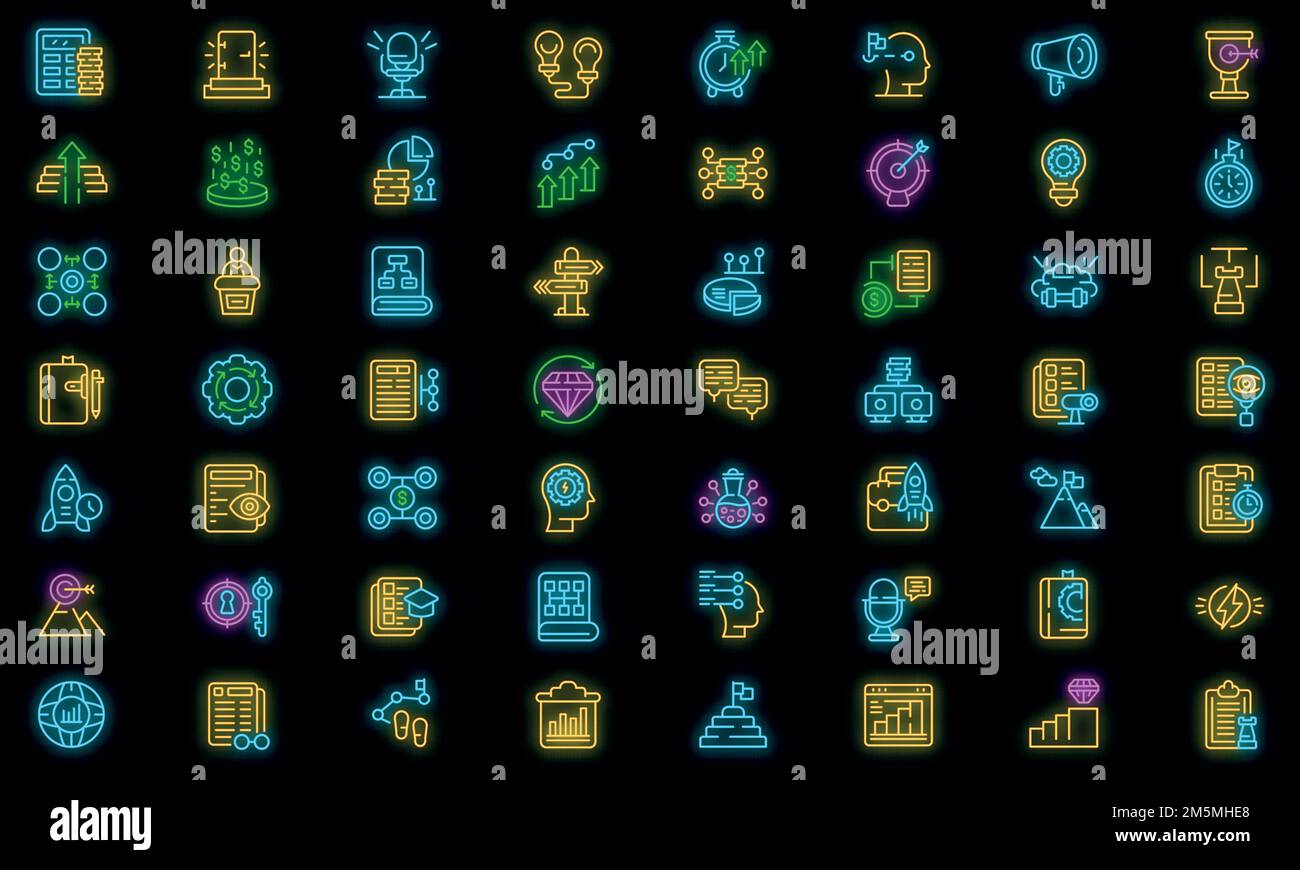 Realization icons set. Outline set of realization vector icons neon ...
