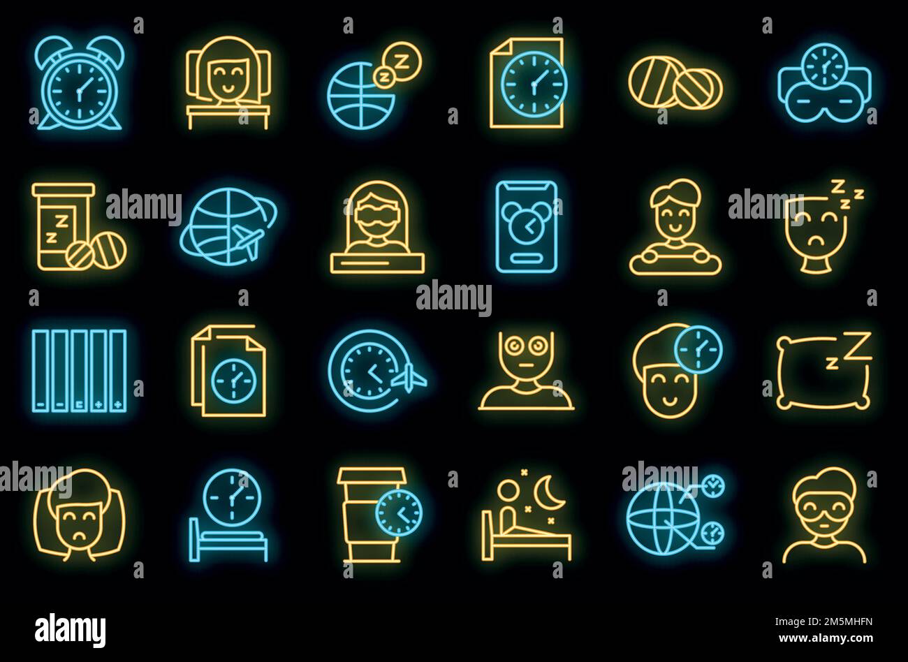 Jet lag icons set. Outline set of jet lag vector icons neon color on ...