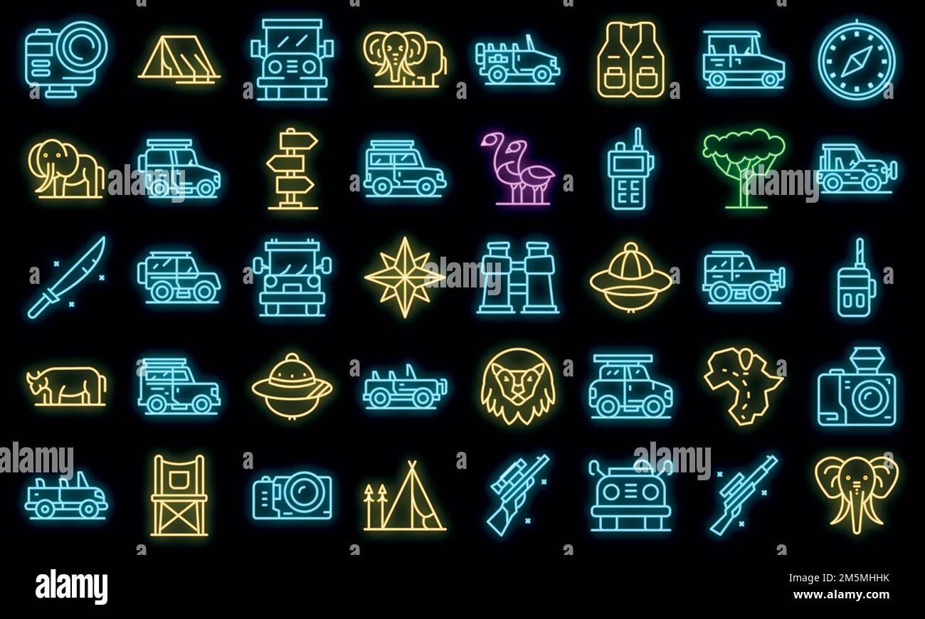 Jeep safari icons set. Outline set of jeep safari vector icons neon ...