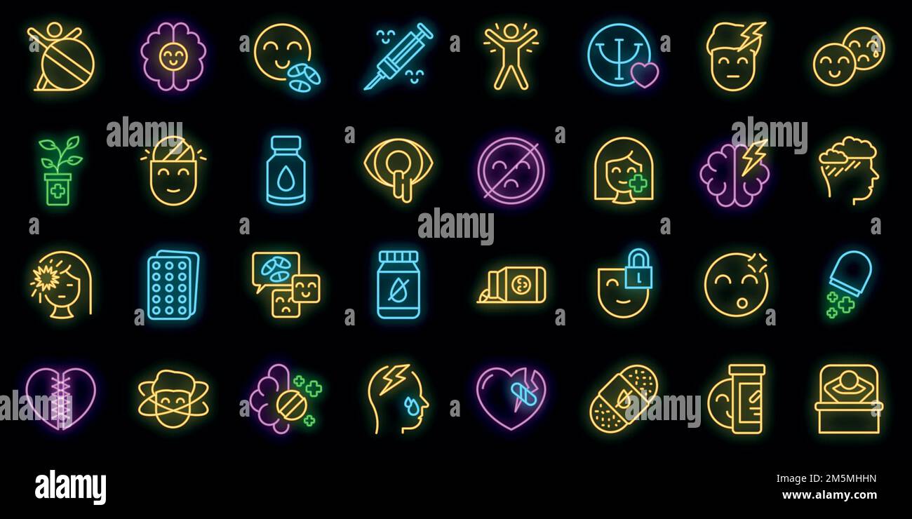 Antidepressant icons set. Outline set of antidepressant vector icons ...