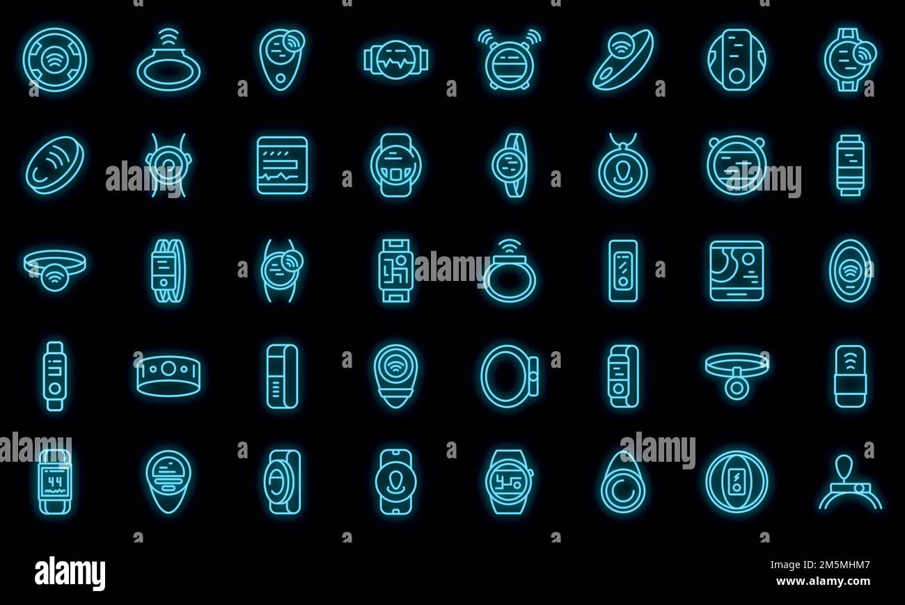 Wearable Tracker Icons Set Outline Set Of Wearable Tracker Vector Icons Neon Color On Black