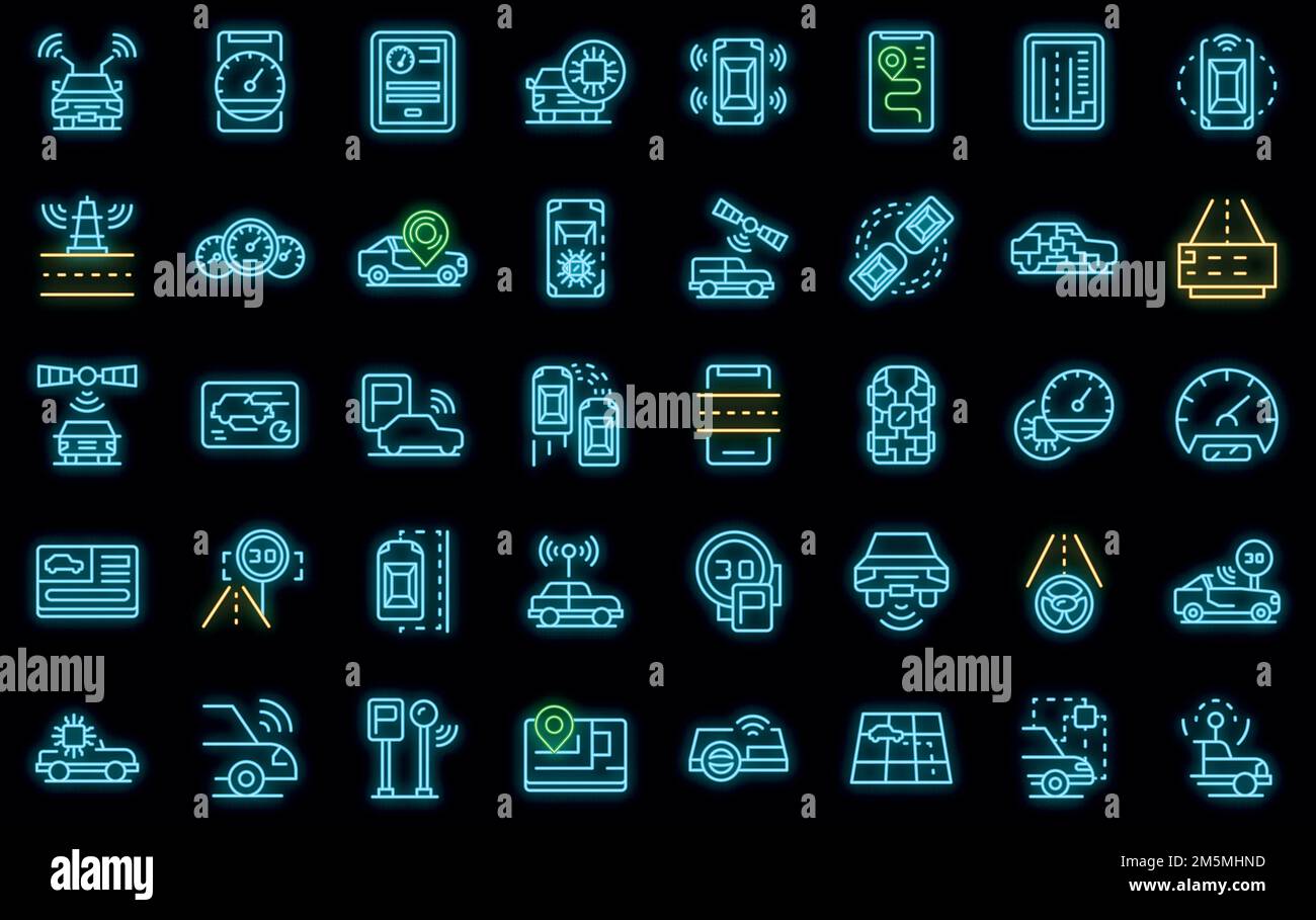 Autonomous car icons set. Outline set of autonomous car vector icons ...
