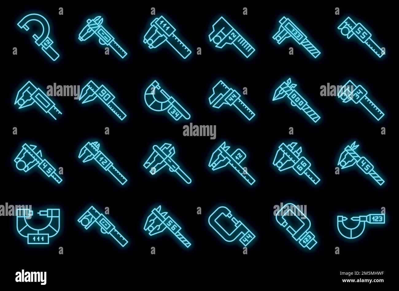 Digital micrometer icons set. Outline set of digital micrometer vector icons neon color on black ...