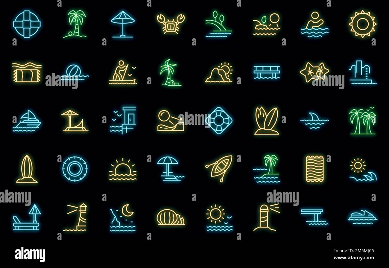 Seaside icons set. Outline set of seaside vector icons neon color on ...