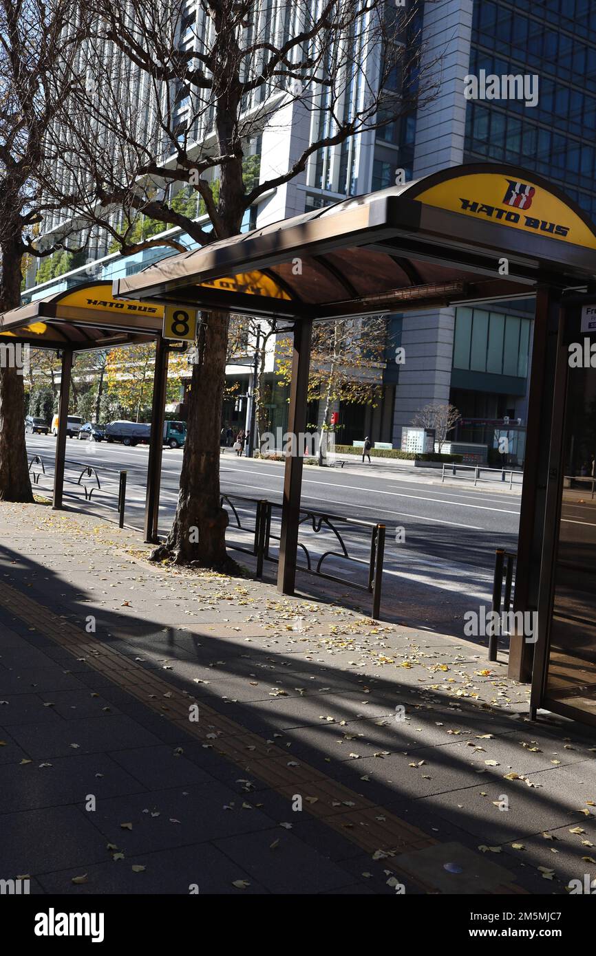Chiyoda Ward, Tokyo, December 2022.Hato Bus Tour bus stop near Tokyo ...