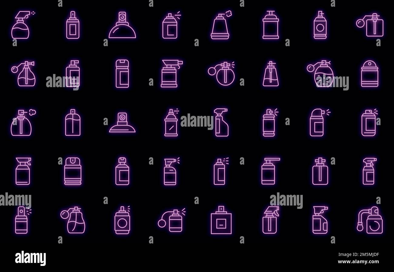 Spray bottle icons set. Outline set of spray bottle vector icons neon ...