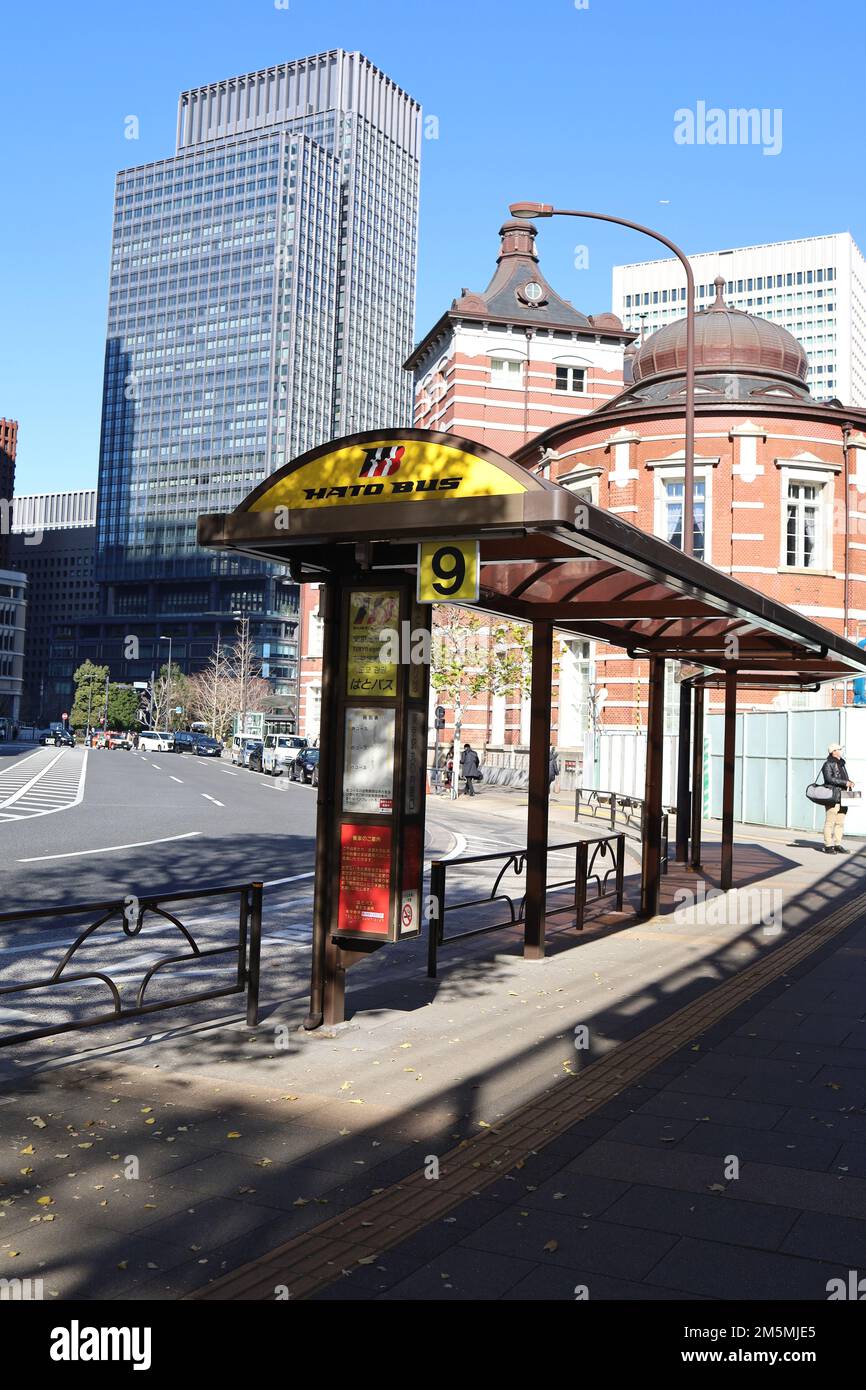Chiyoda Ward, Tokyo, December 2022.Hato Bus Tour bus stop near Tokyo ...