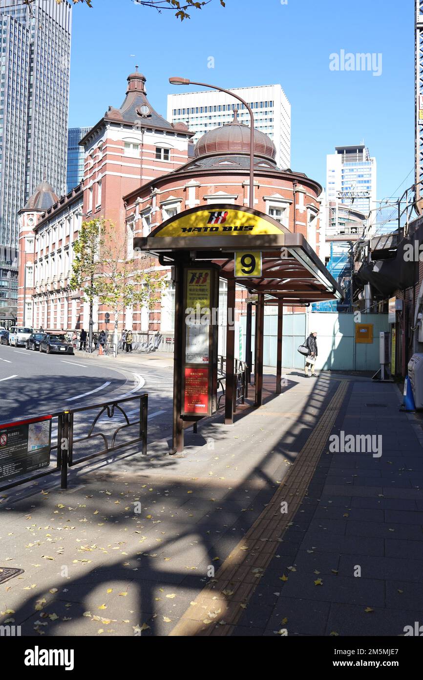 Chiyoda Ward, Tokyo, December 2022.Hato Bus Tour bus stop near Tokyo ...