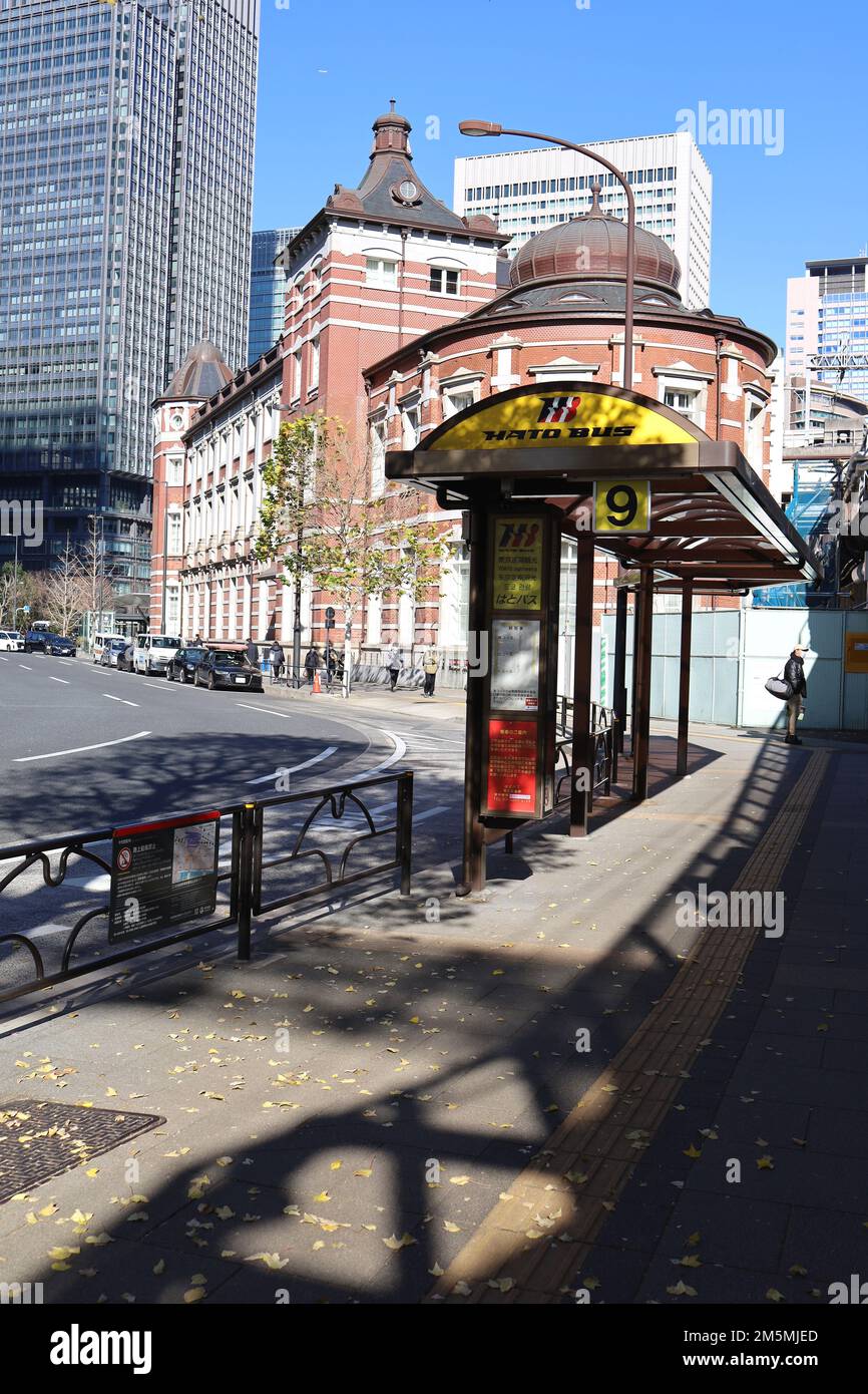 Chiyoda Ward, Tokyo, December 2022.Hato Bus Tour bus stop near Tokyo ...
