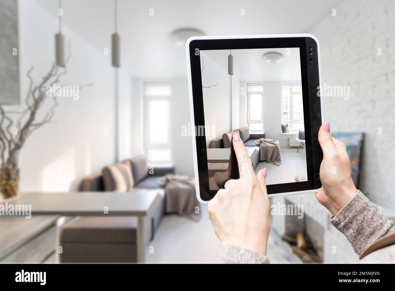 Graphic designer making project of modern living room interior on ...