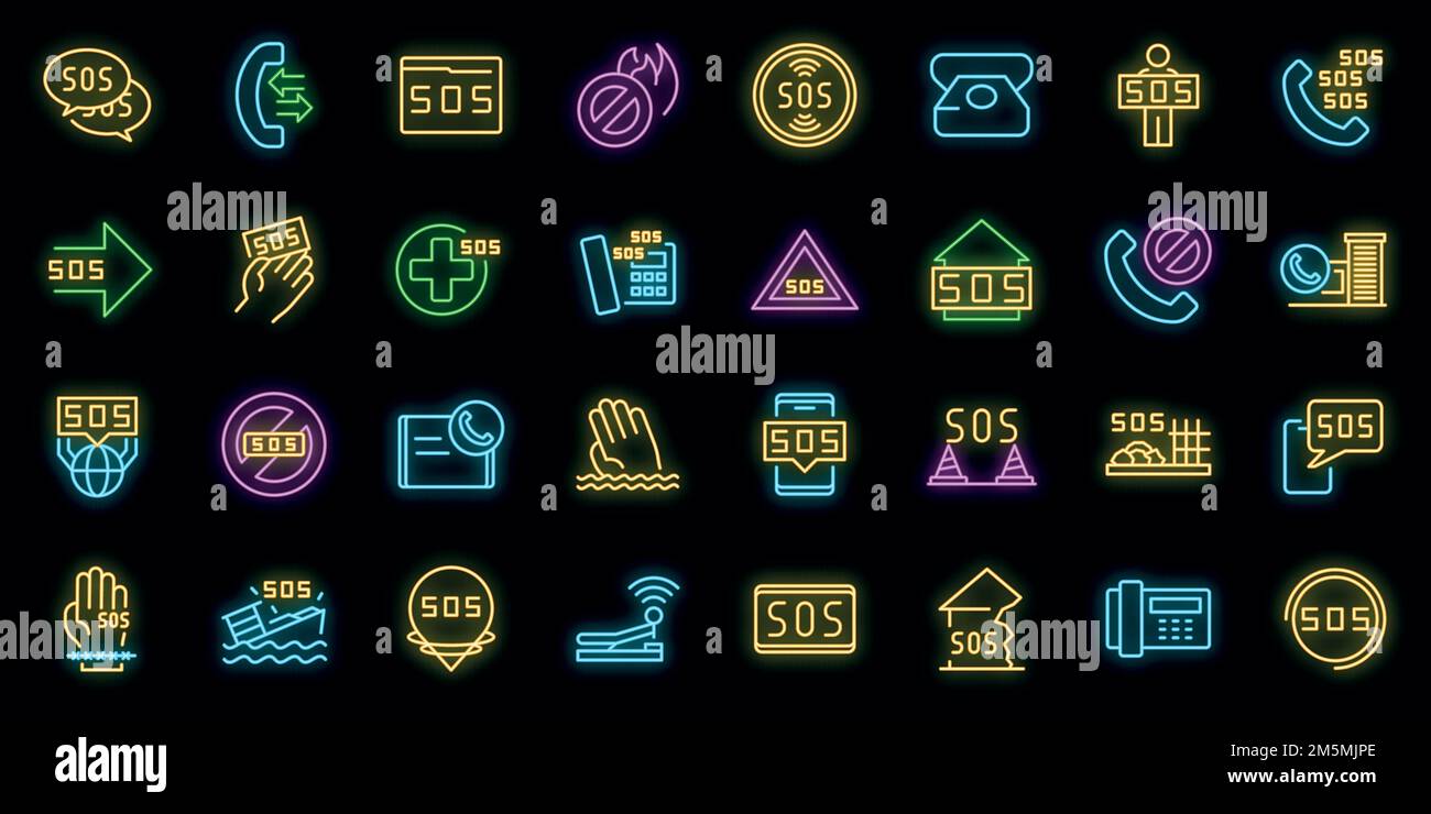 Sos icons set. Outline set of sos vector icons neon color on black ...