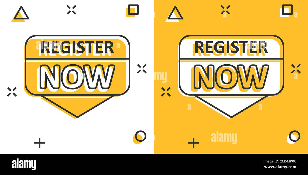 Register now icon in comic style. Registration cartoon vector ...