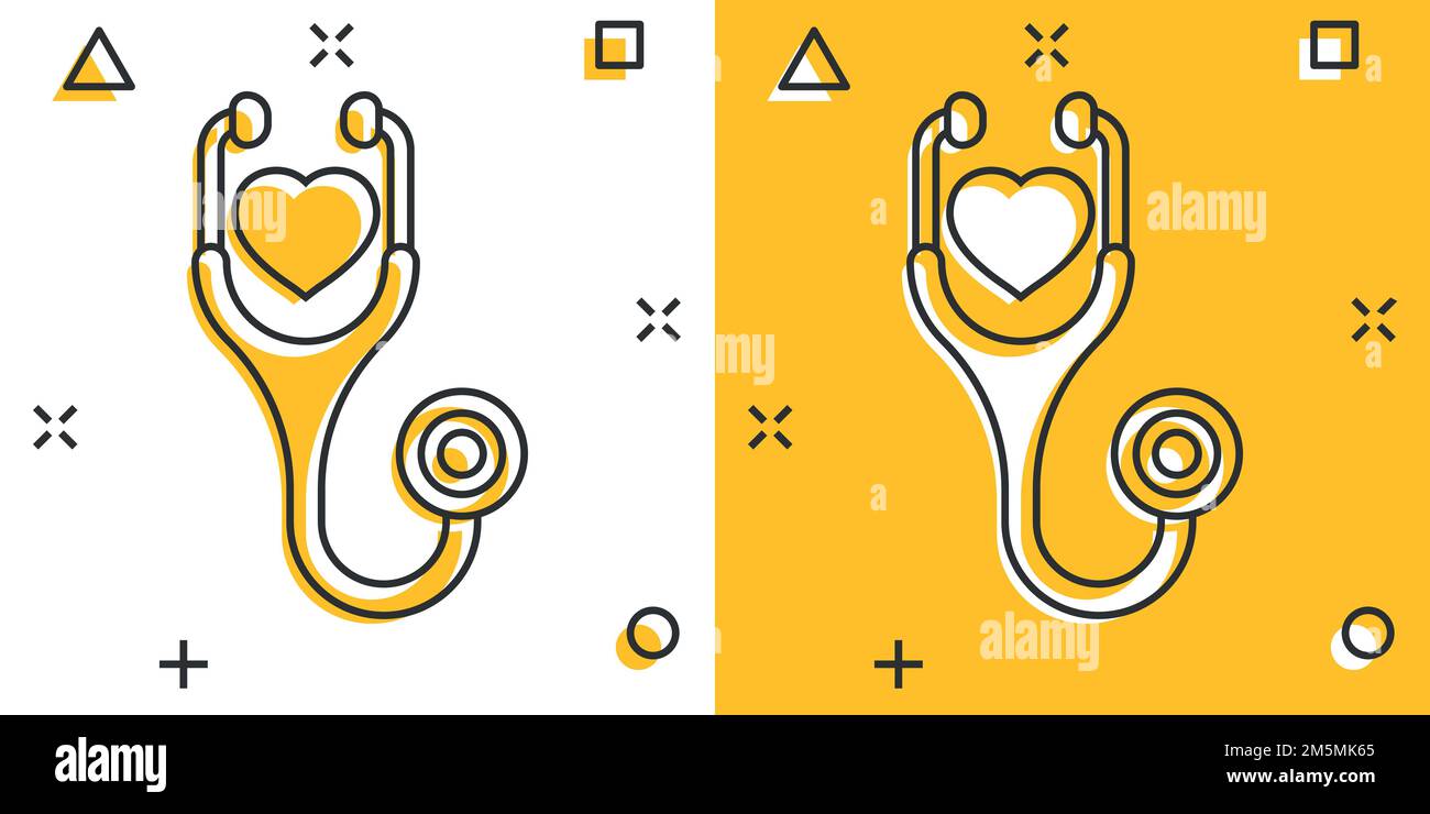 Stethoscope icon in comic style. Heart diagnostic cartoon vector ...