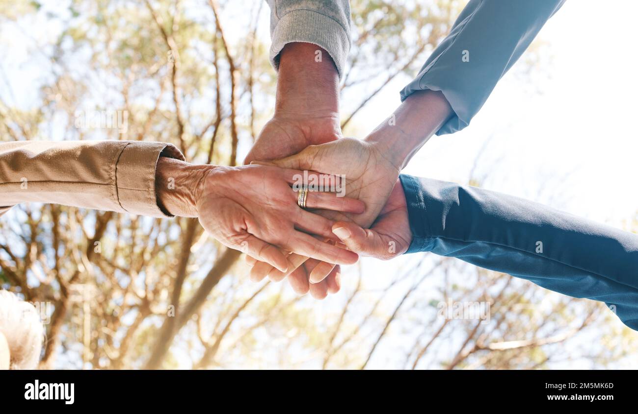 Partnership, hands or team in nature with support, trust or hope for ...