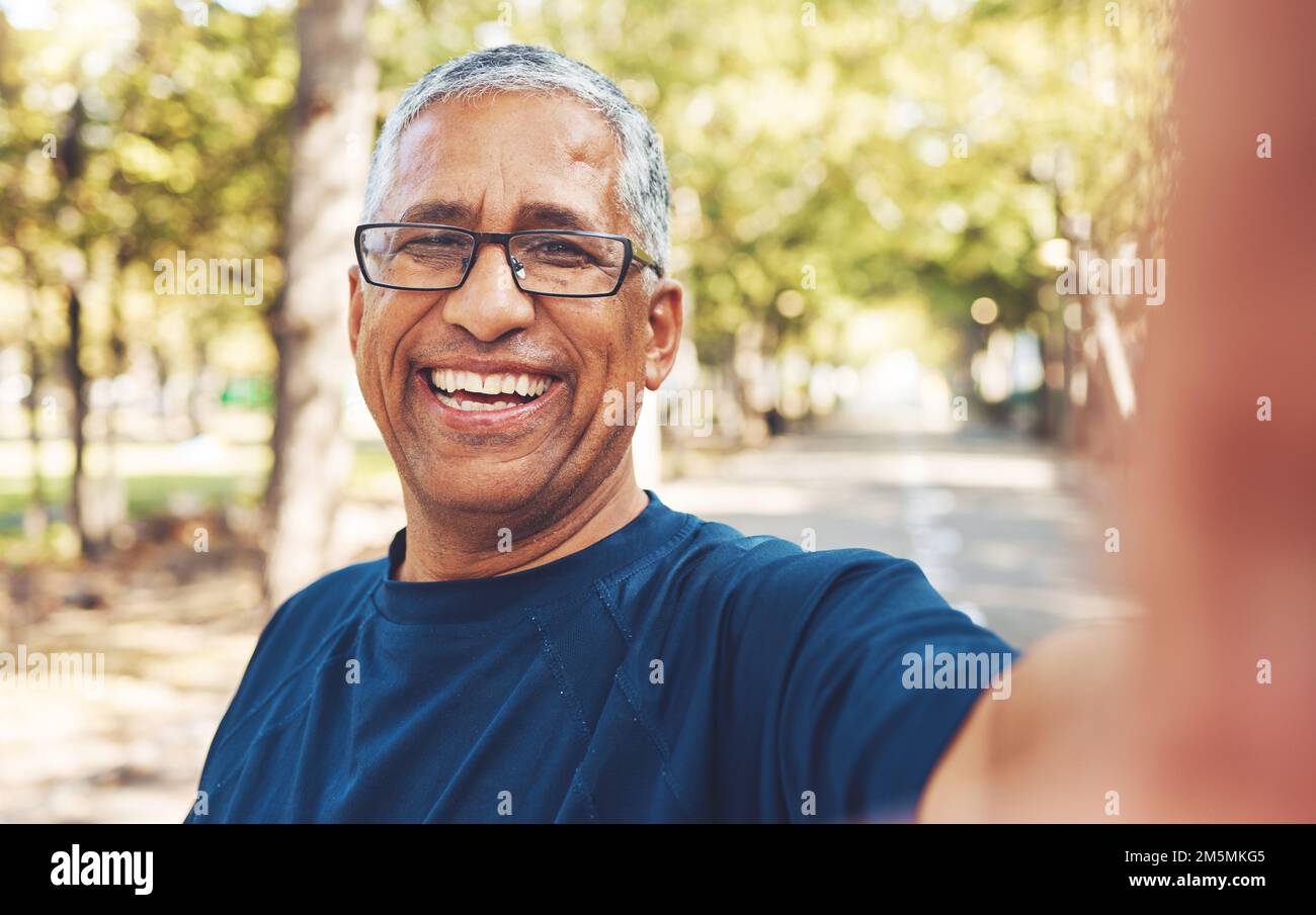Fitness selfie, senior man and happy in portrait outdoor, vitality and ...