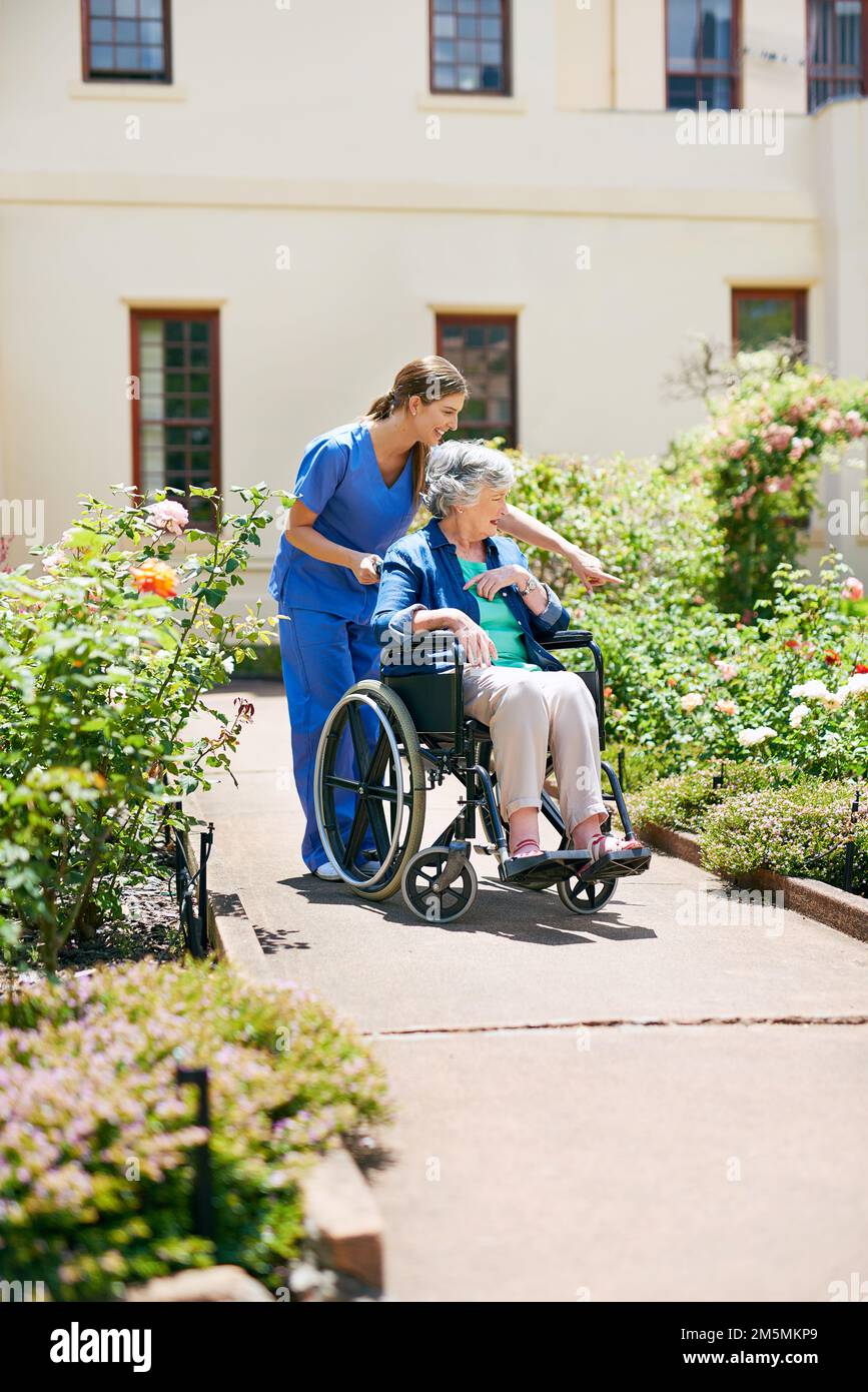 Can you name that one. a resident and a nurse outside in the retirement ...