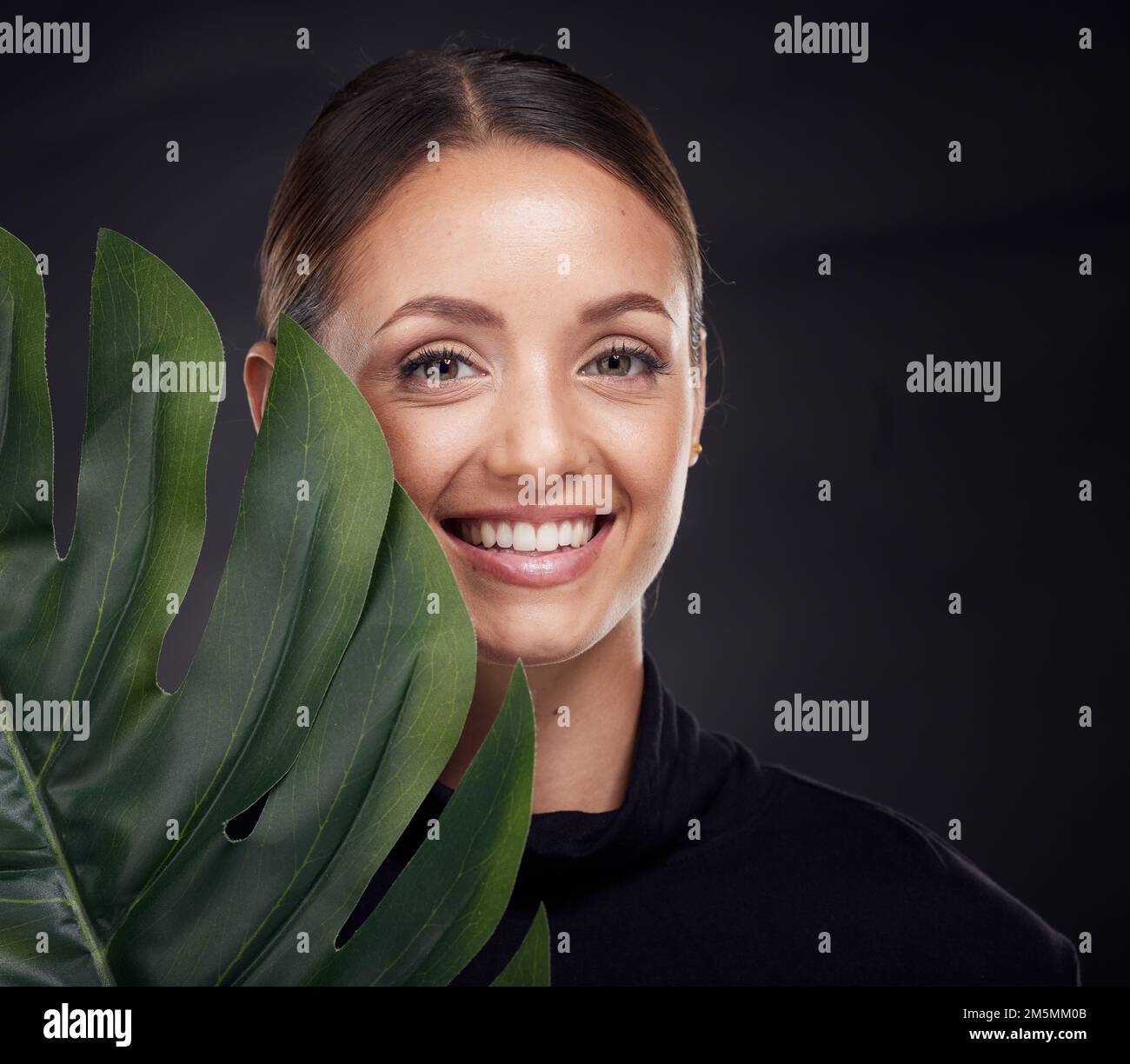 Beauty, face and skin with leaf and woman with natural cosmetics, green ...