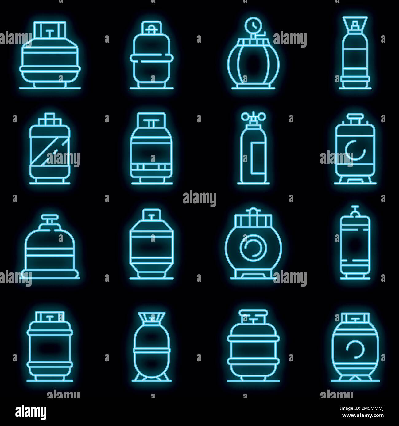 Gas cylinders icons set. Outline set of gas cylinders vector icons neon ...