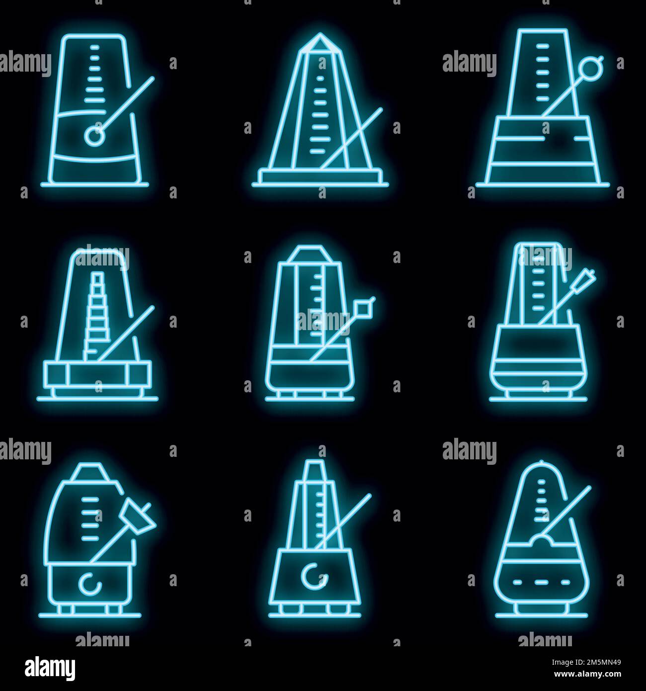 Metronome icons set. Outline set of metronome vector icons neon color ...