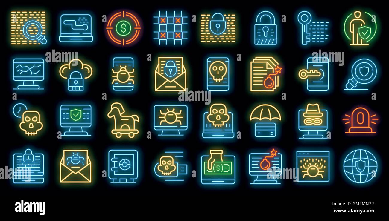 Fraud icons set. Outline set of fraud vector icons neon color on black ...