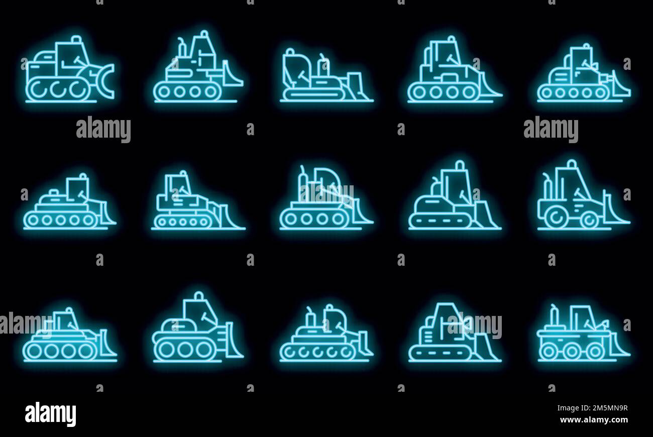 Bulldozer icons set. Outline set of bulldozer vector icons neon color ...