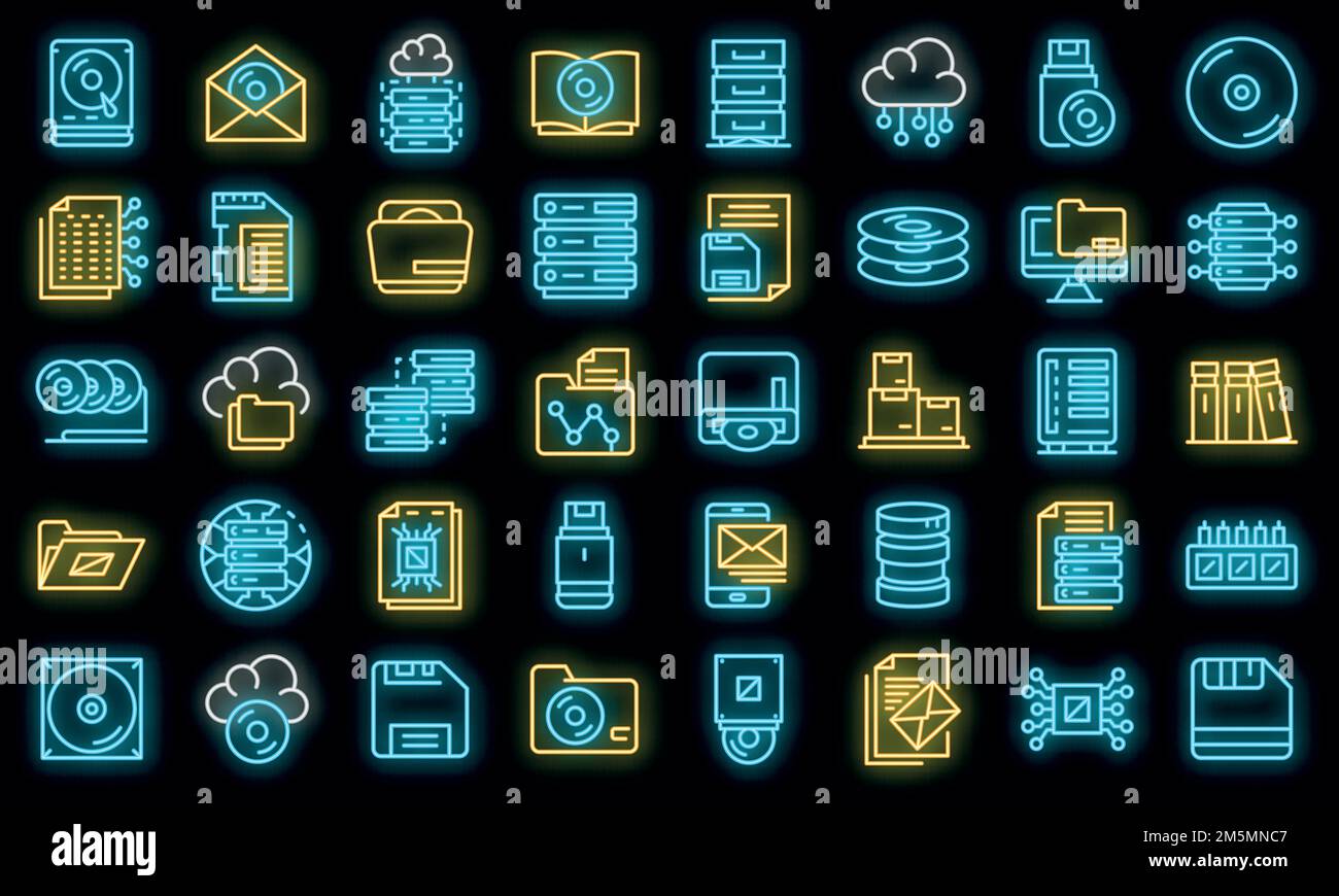 Storage icons set. Outline set of storage vector icons neon color on ...