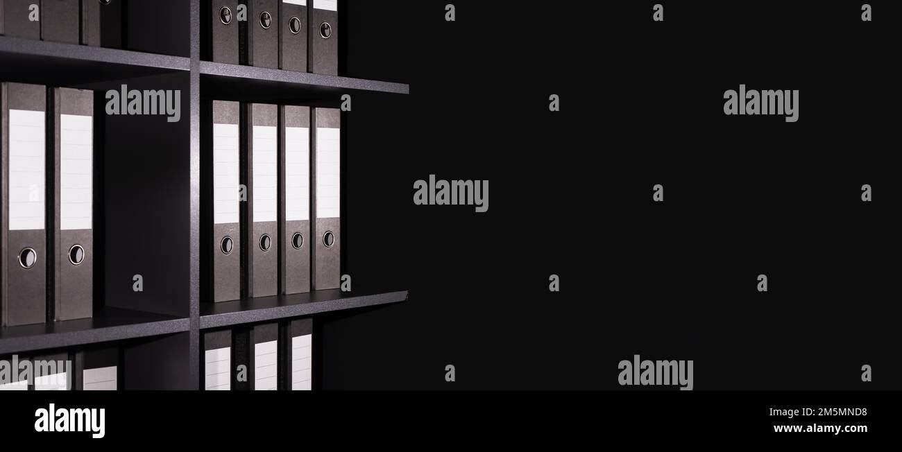 Business banner, ad background with folders binders on shelf. Archive ...