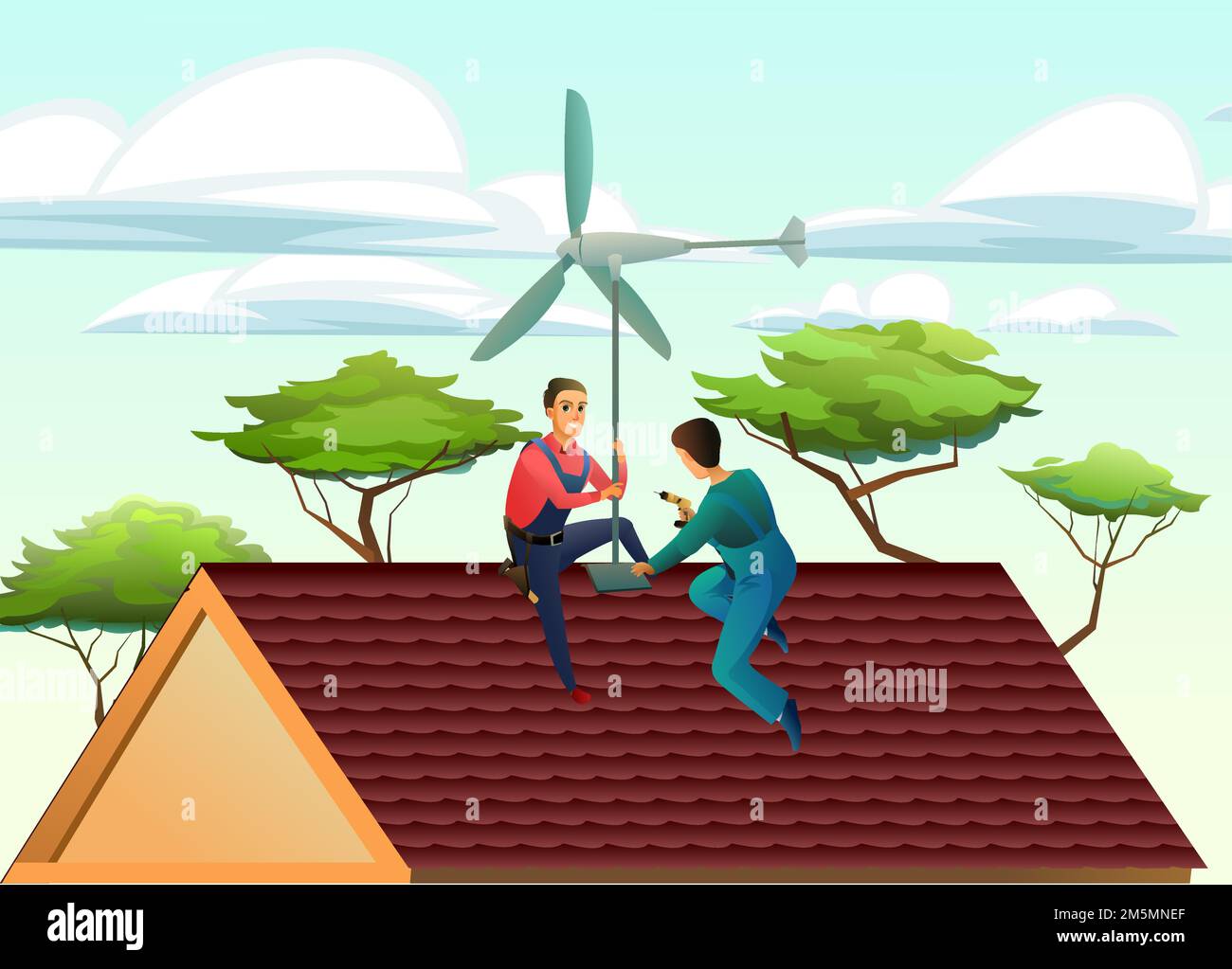 Two working windmills on roof. Electricity generator. Renewable ...