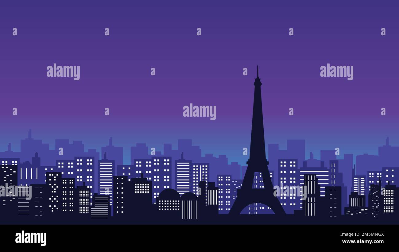 Night view of downtown paris with many tall buildings around the eiffel ...