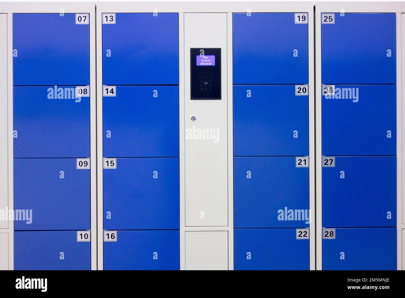 A blue smart luggage locker with facial recognition barcode system ...