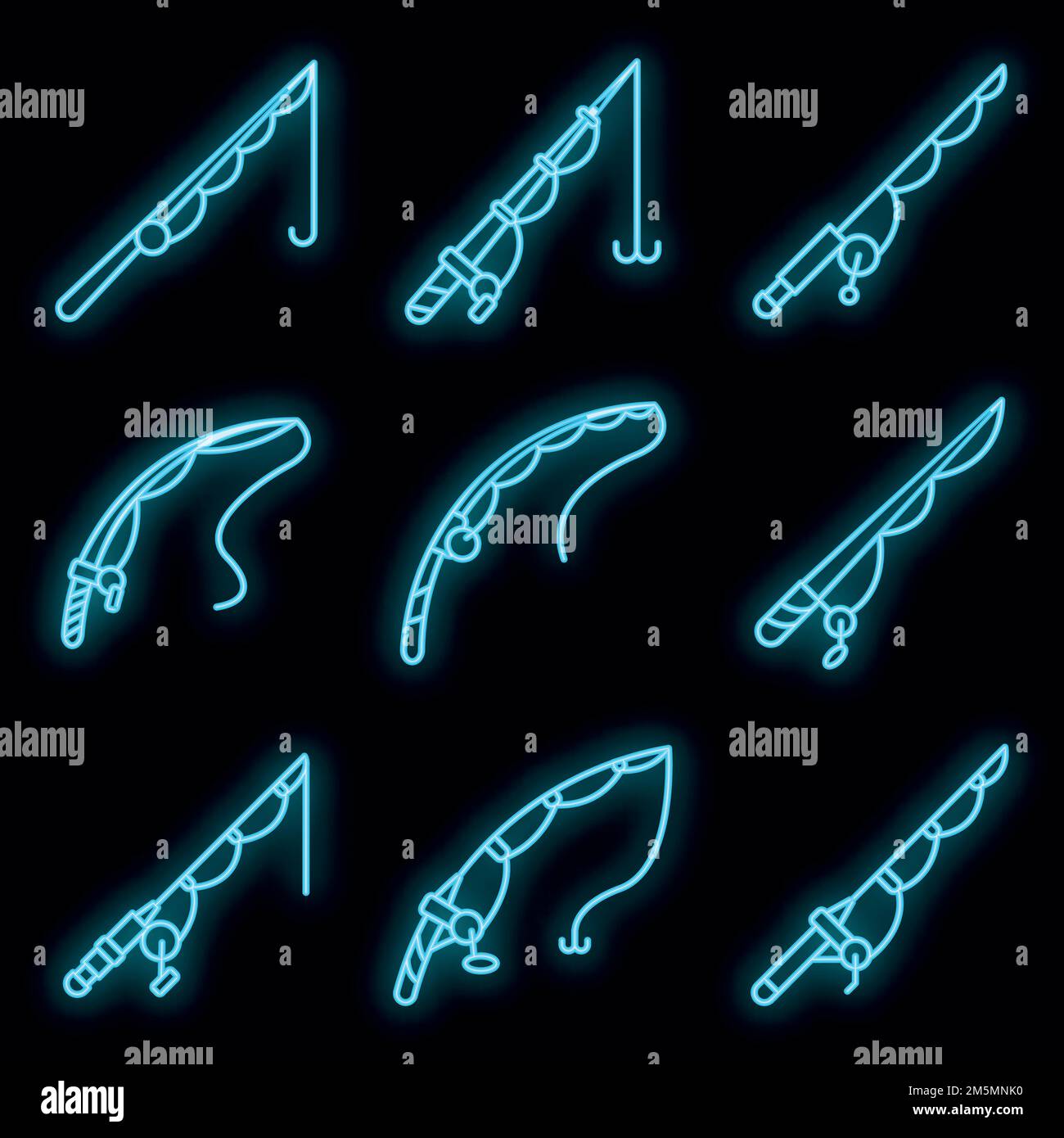 Fishing rod icons set. Outline set of fishing rod vector icons neon ...