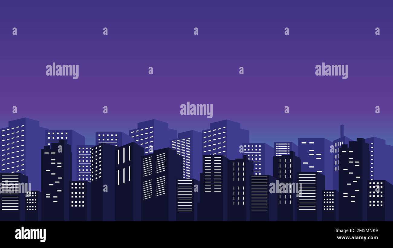 Night silhouette of the city with tall mall buildings. Collection city ...
