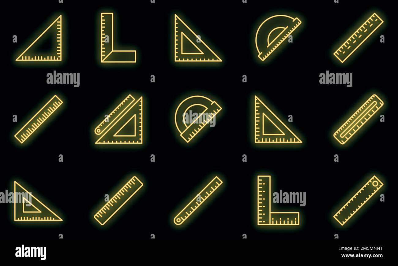 Ruler icons set. Outline set of ruler vector icons neon color on black ...