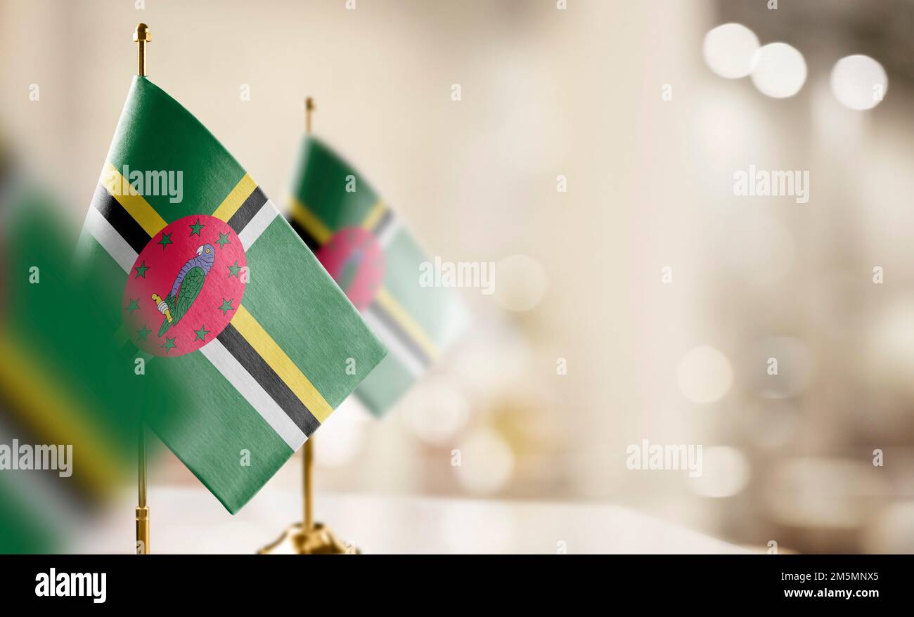 Small flags of the Dominica on an abstract blurry background Stock ...
