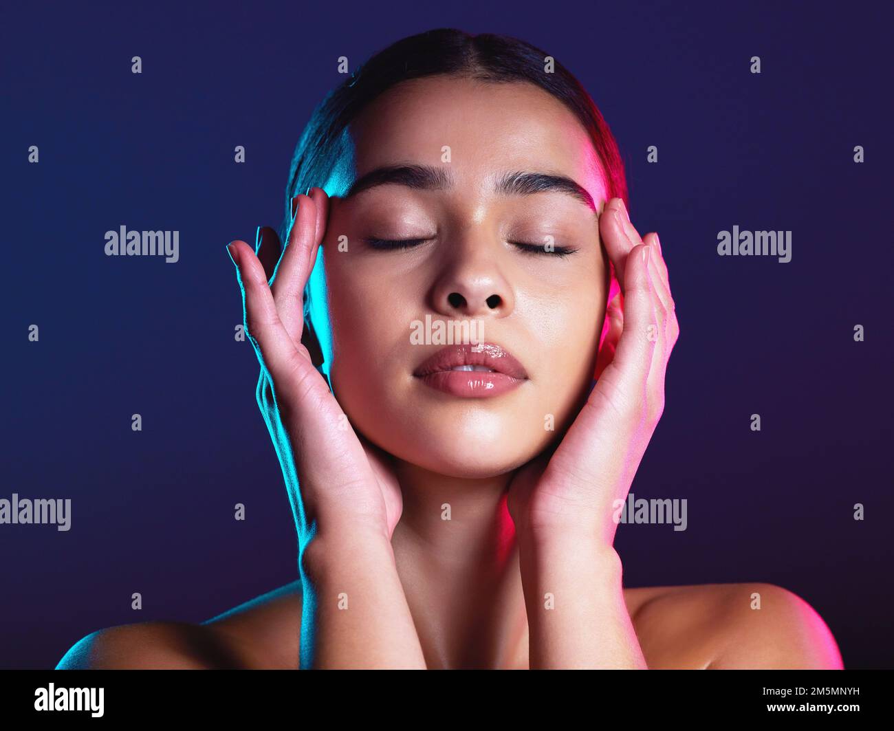 Woman, skincare and dark studio with eyes closed for beauty, makeup or ...